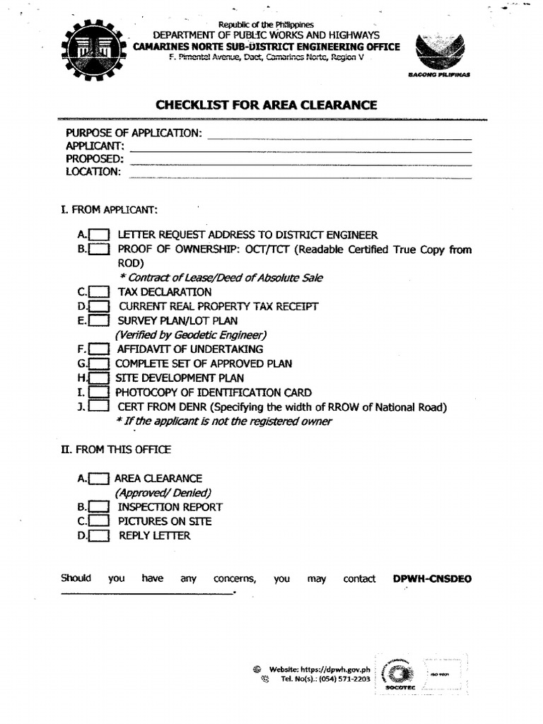 Checklist For Area Clearance | PDF