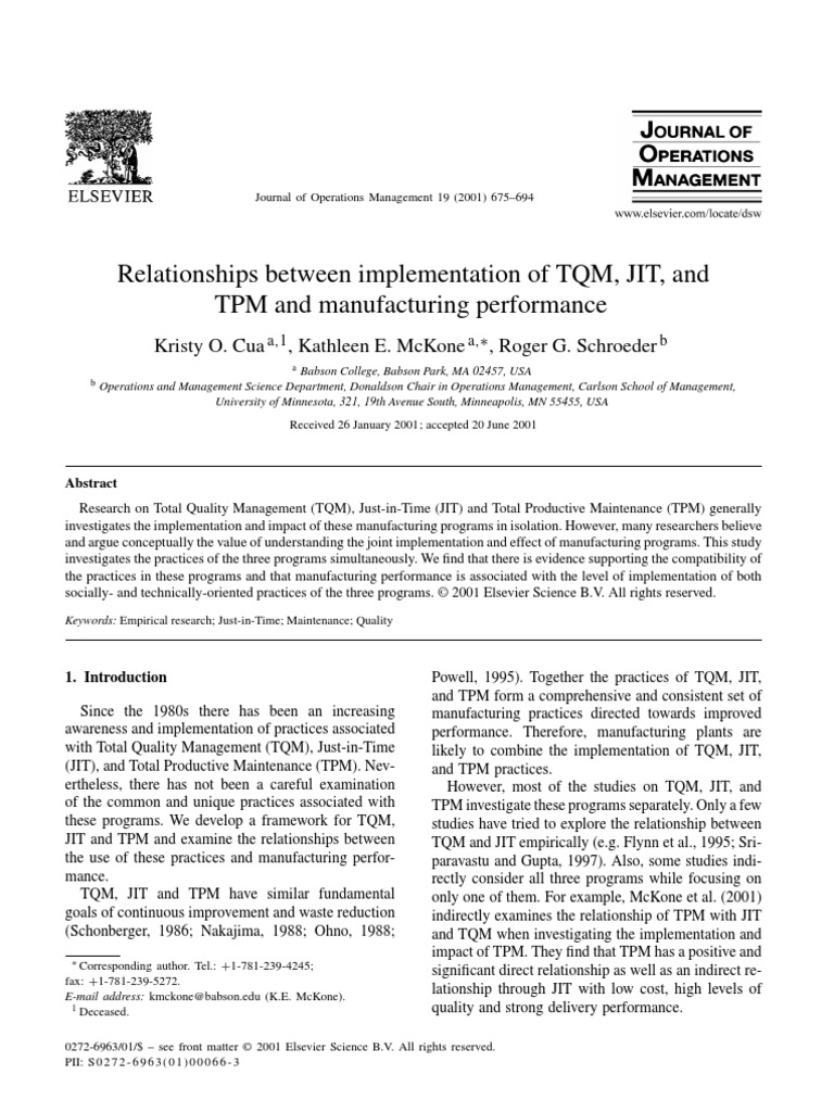 Relationships Between Implementation of TQM, JIT, and TPM and Manufacturing Performance | PDF ...