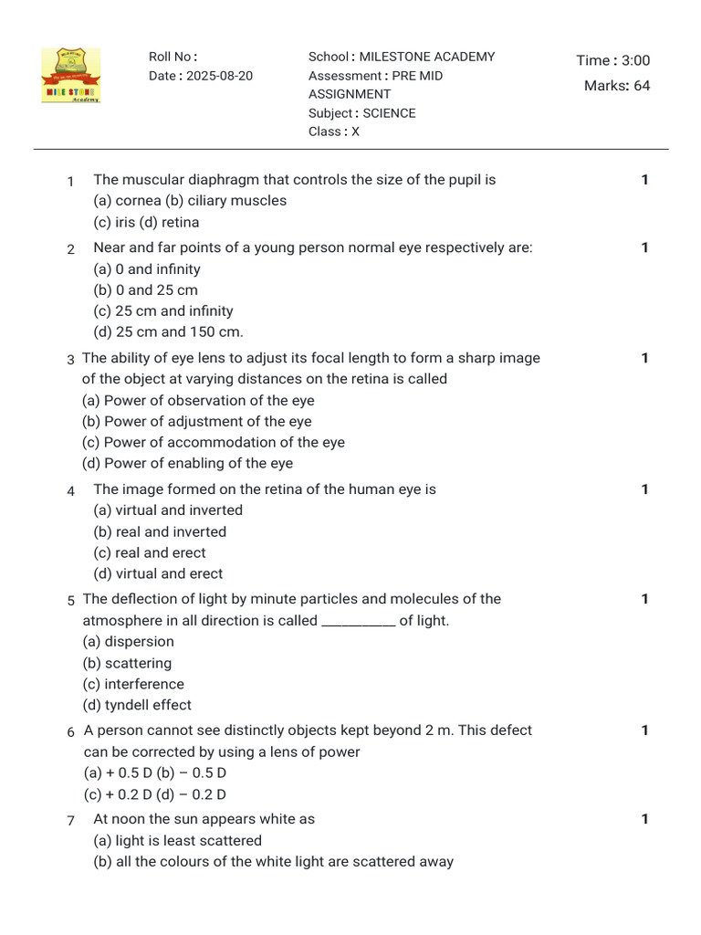 10th Phy Mid-Term Revision-sheet | PDF | Mirror | Light