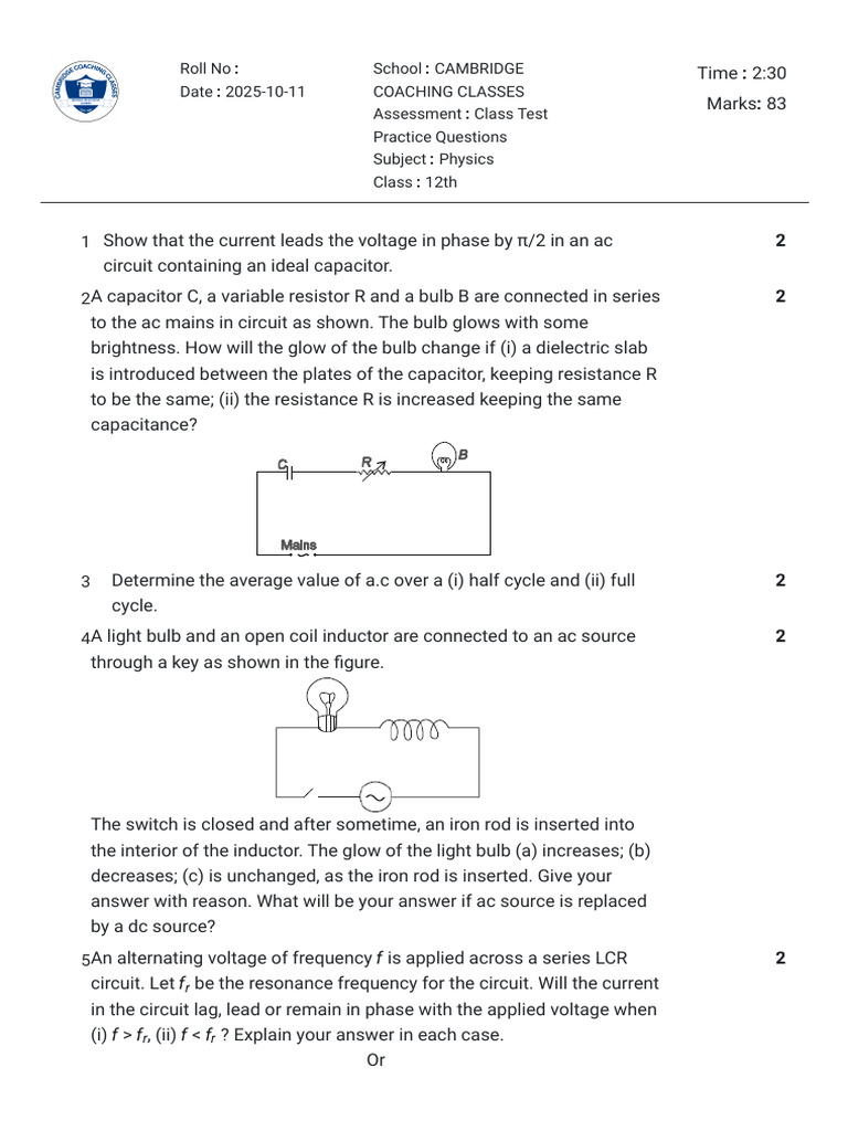 Class 12 Physics AC Circuit Test Questions | PDF | Capacitor | Inductor