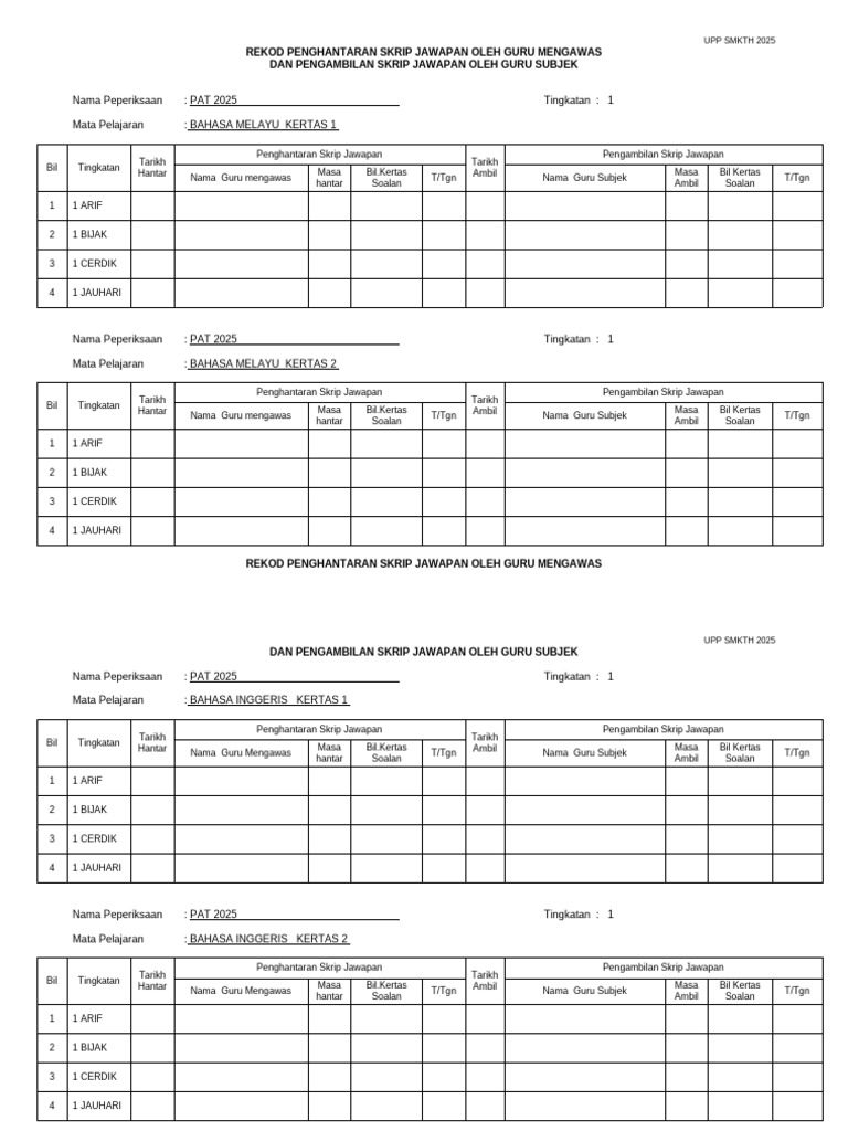 T1-PAT 25 REKOD PENGHANTARAN DAN PENGAMBILAN SKRIP JAWAPAN | PDF