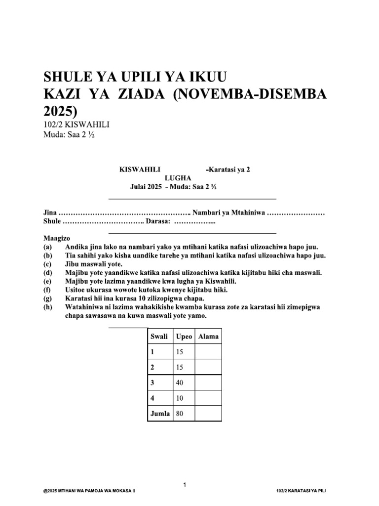 Kazi Ya Likizo Ya Kidato Cha Tatu Karatasi Ya Pili Assignment - Form 3 ...