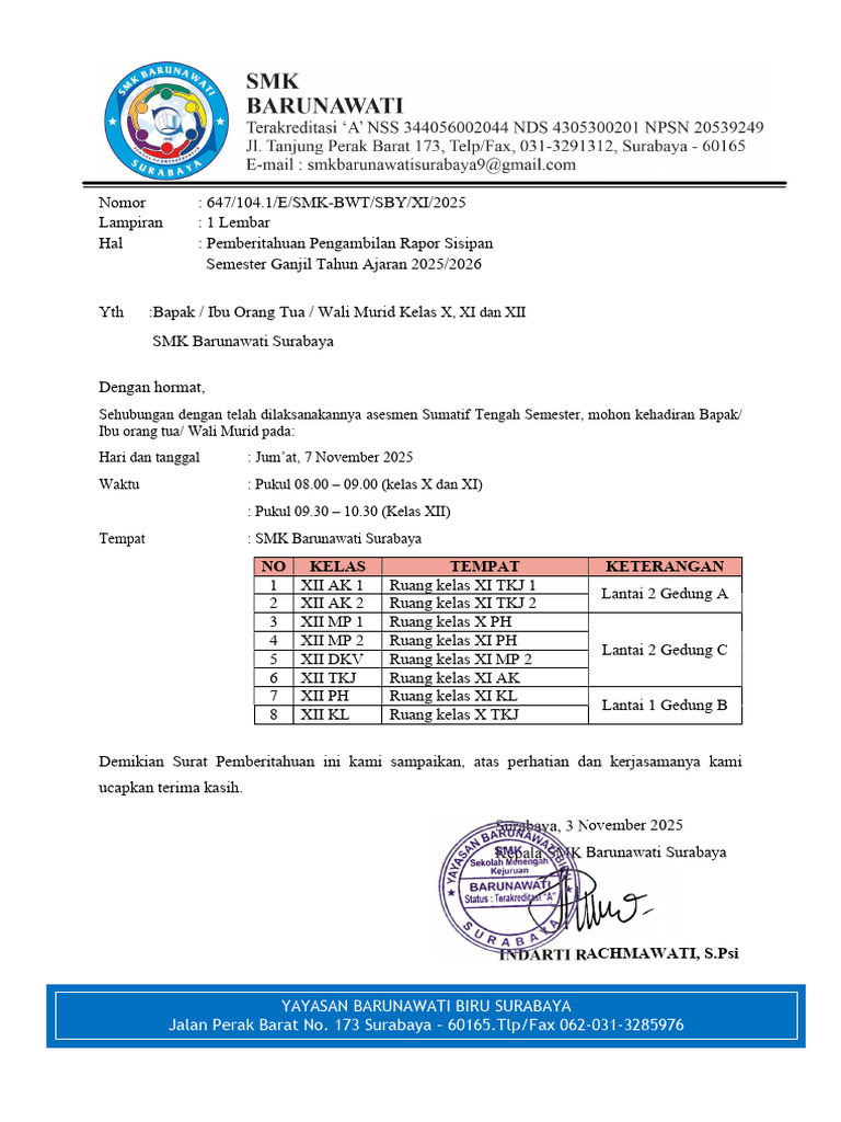 Surat Pemberitahuan Pengambilan Rapor Sisipan Kelas X, XI, XII | PDF