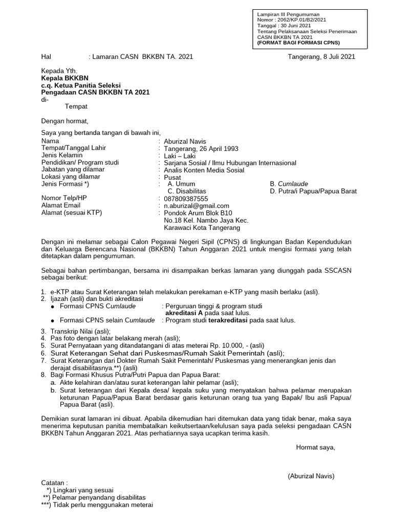 Lampiran III Format Surat Lamaran Dan Surat Pernyataan Cpns | PDF