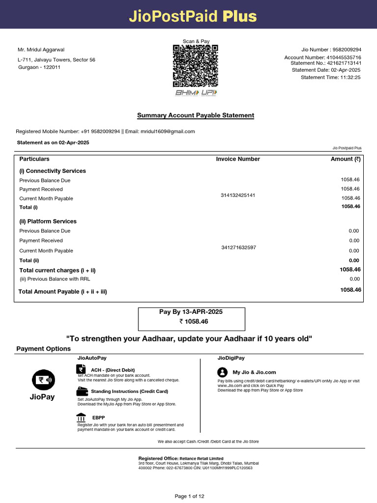 Jio Postpaid Bill Mridul Apr May 2025 | PDF | Credit Card | Payments