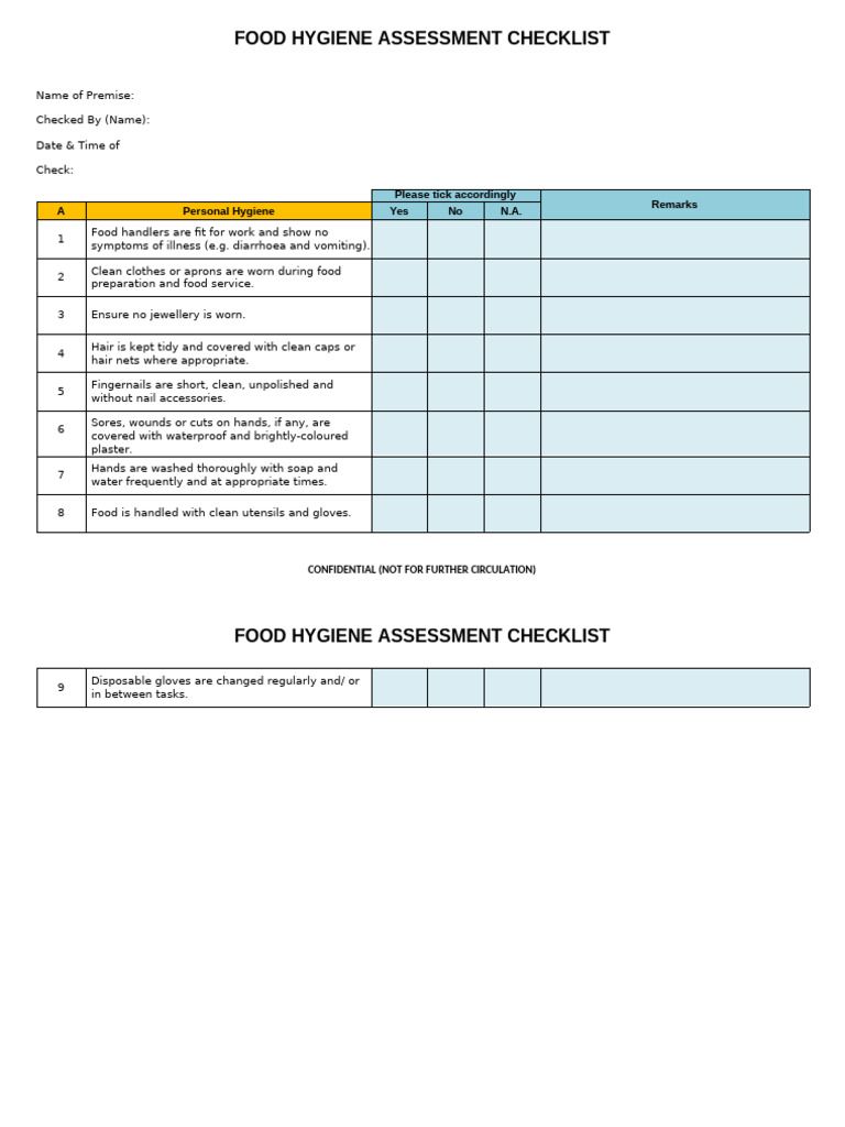 Food Hygiene Assessment Checklist | PDF | Hygiene | Food Safety