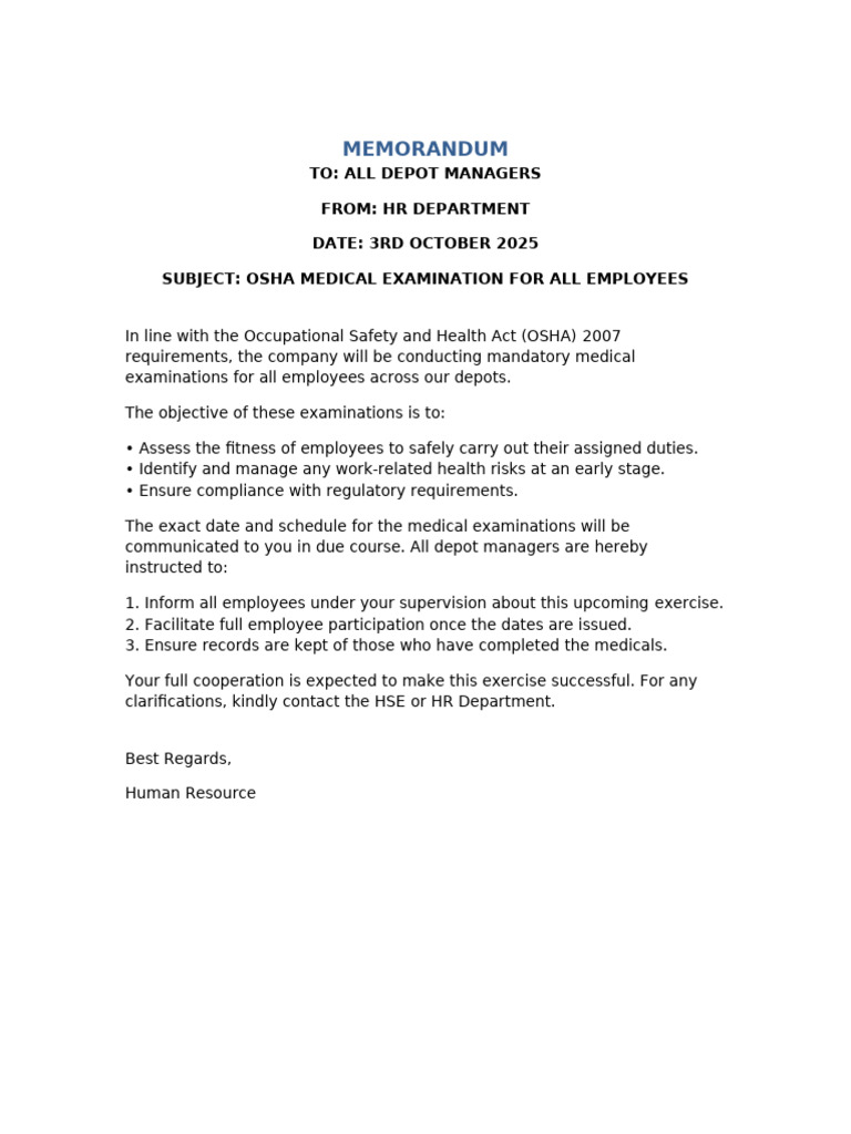 OSHA Medical Examination Memo | PDF