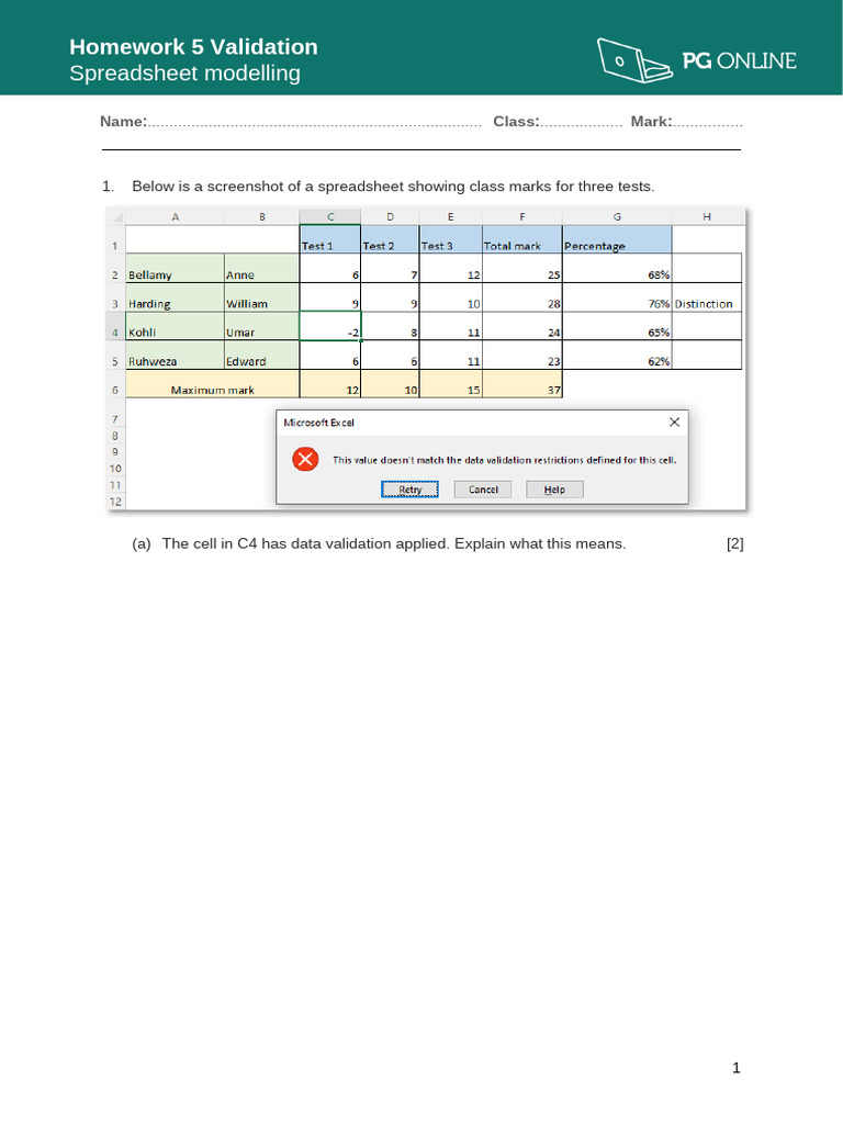 Spreadsheet Data Validation Homework | PDF