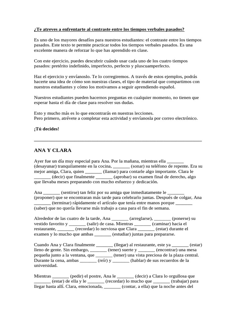 Ejercicio de Tiempos Verbales Pasados | PDF