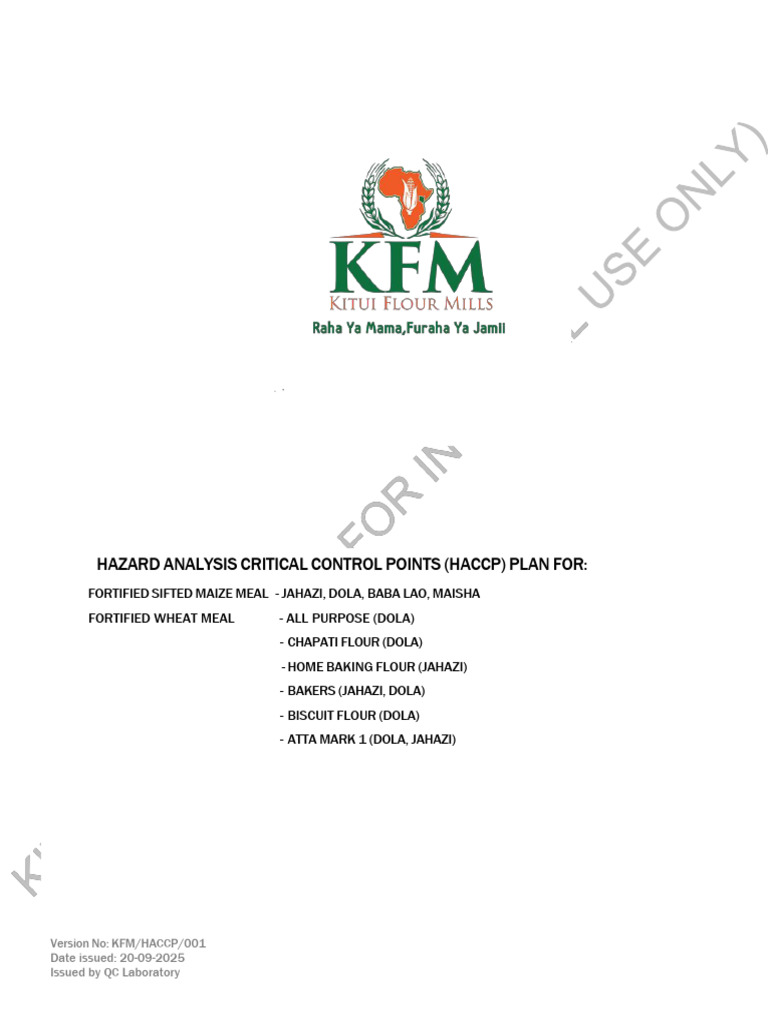 Kitui Haccp Plan KFM Final 1 | PDF | Food Safety | Hazards