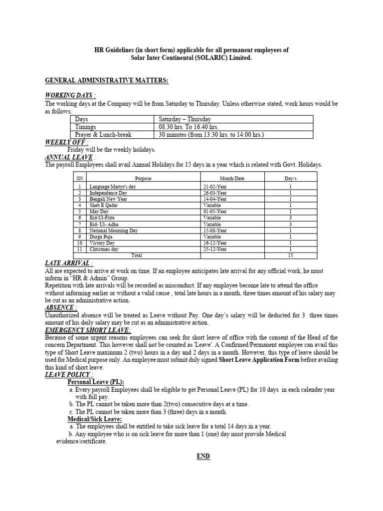 HR Guidelines for SOLARIC Employees | PDF | Sick Leave | Payroll
