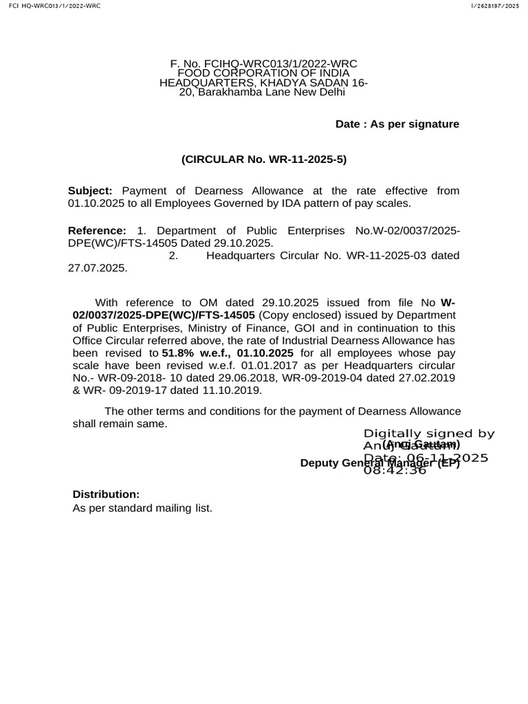 Revised Dearness Allowance Notice 2025 | PDF