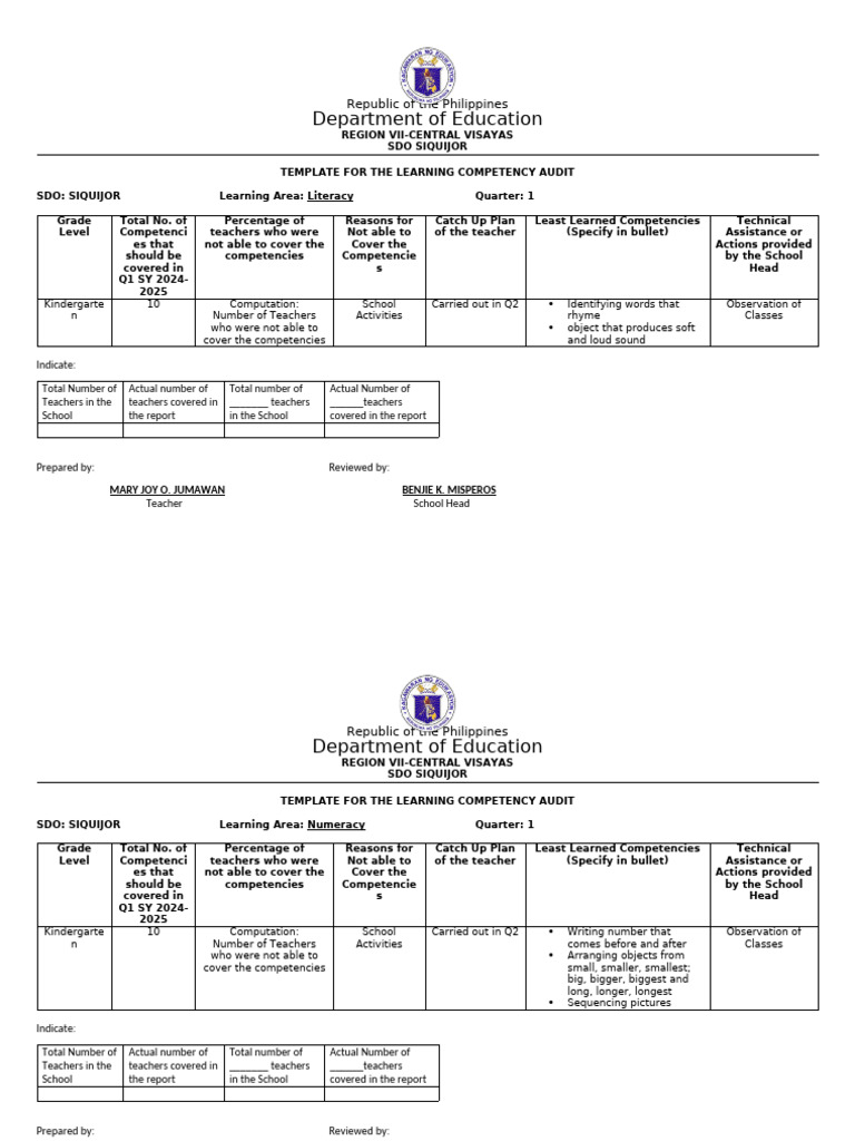 Learning Competencies Audit (Kindergarten Cango Es) | PDF | Learning | Reading (Process)