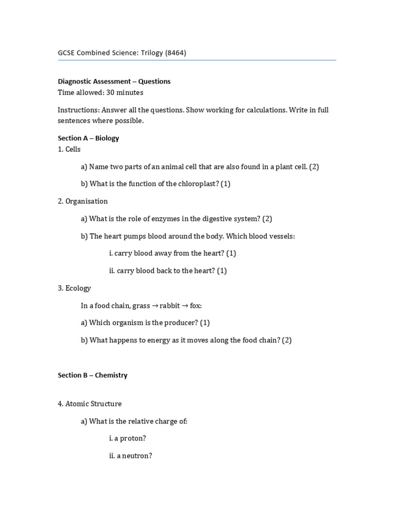 GCSE Combined Science Diagnostic Assessment | PDF