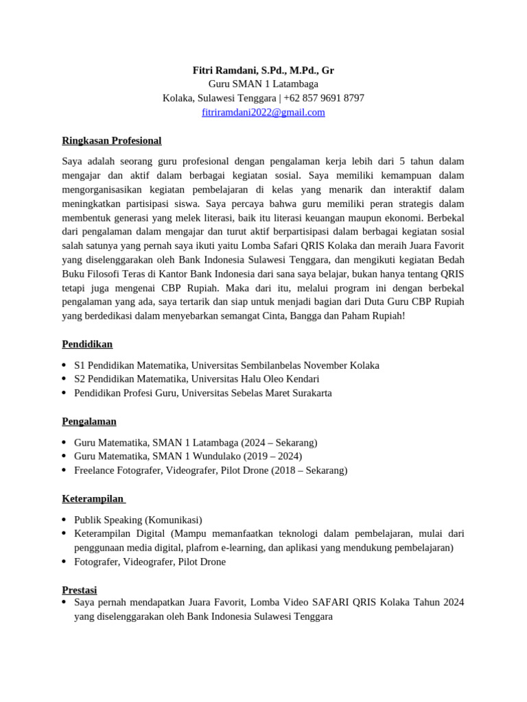 CV Fitri Ramdani, S.PD., M.PD., GR | PDF