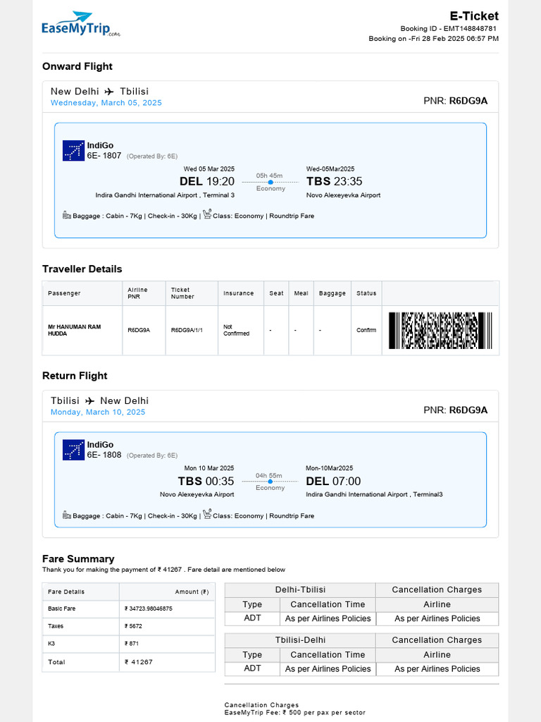 EaseMyTrip Flight E-Ticket for Flights_250301_022845 | PDF | Travel Visa | Airlines