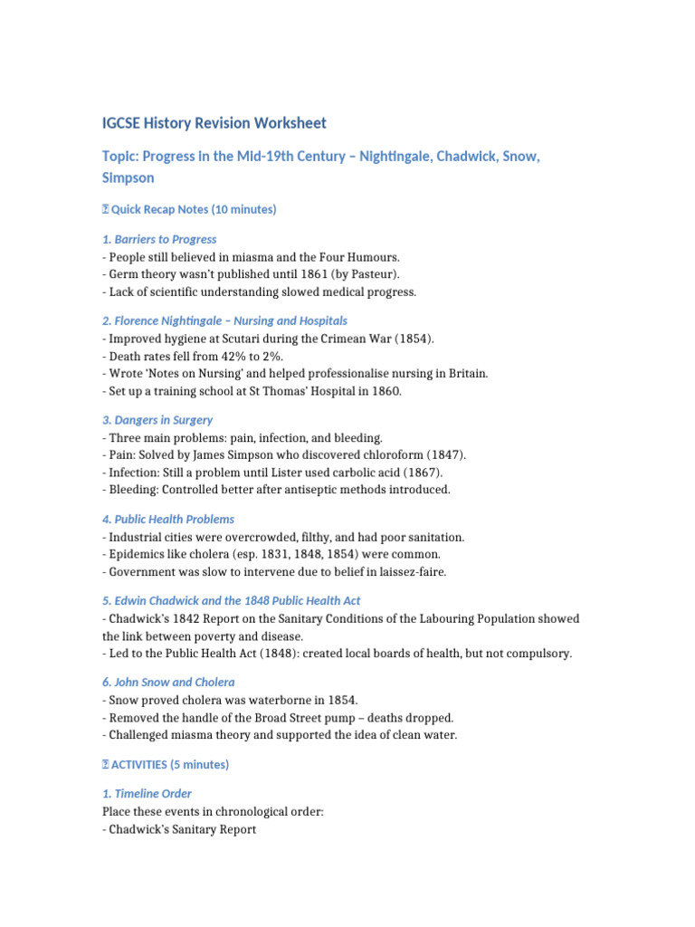19th Century Medical Progress Revision | PDF | Florence Nightingale ...