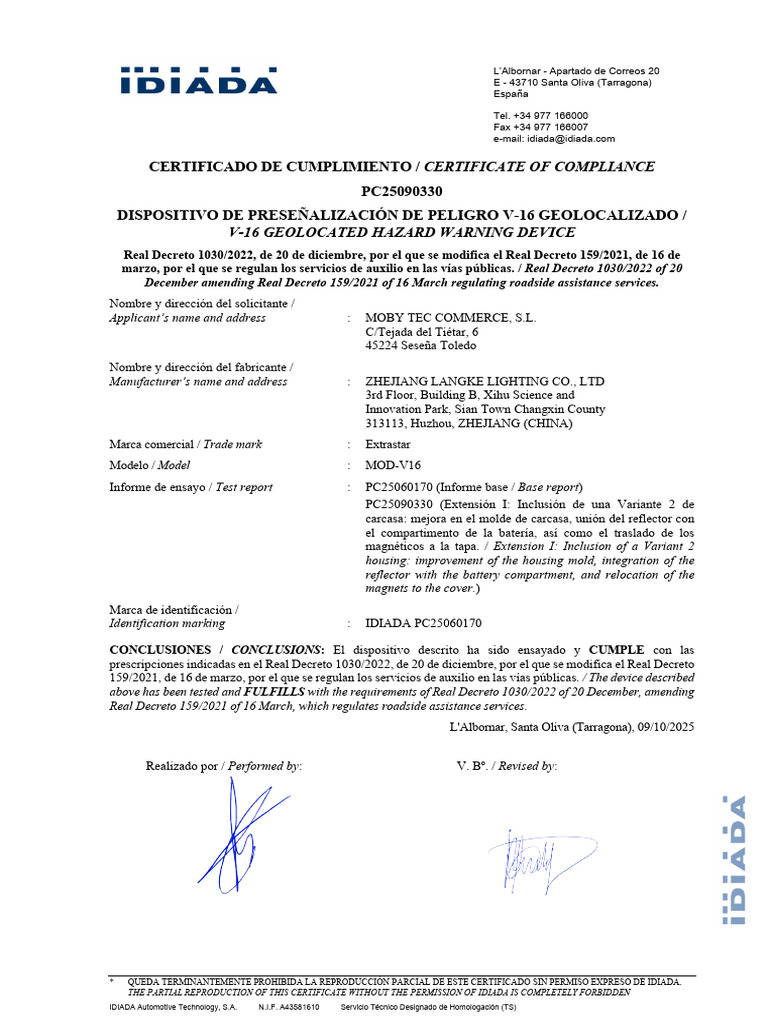 Certificado de Cumplimiento V-16 IDIADA | PDF