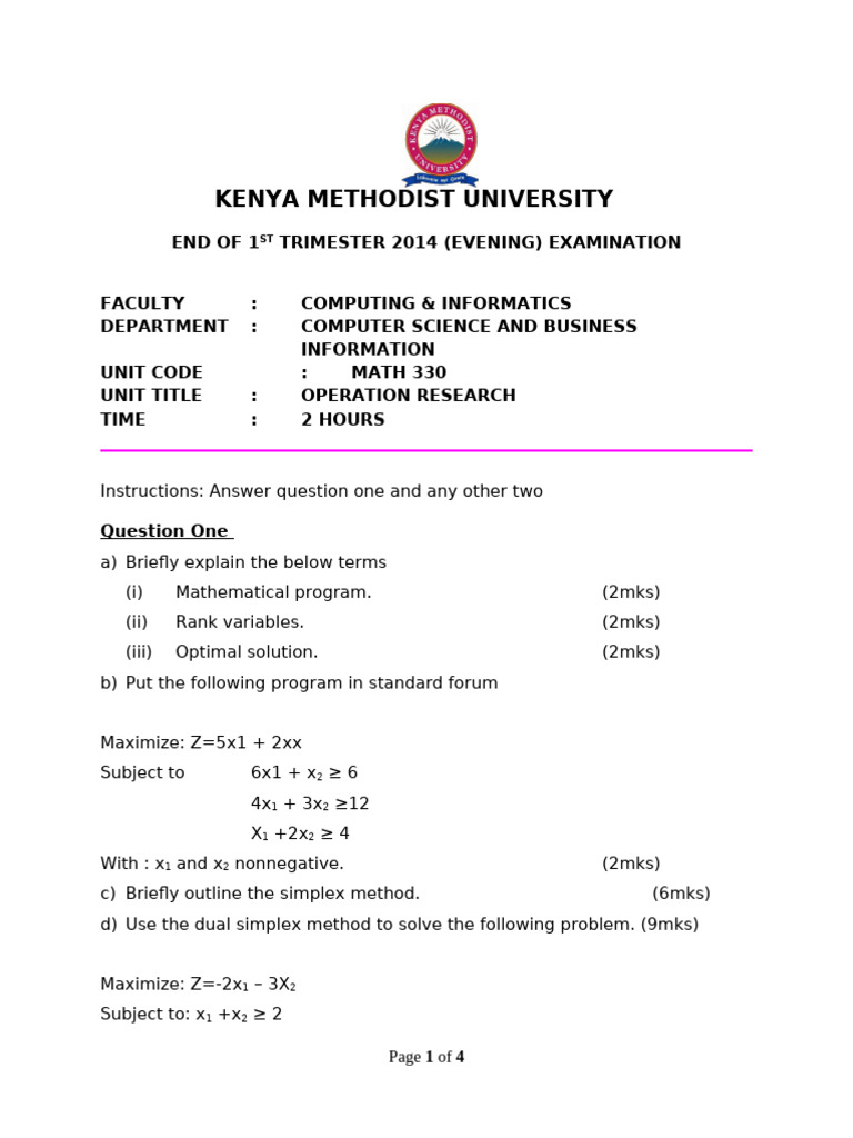Operation Research Exam Questions 2014 | PDF | Applied Mathematics ...