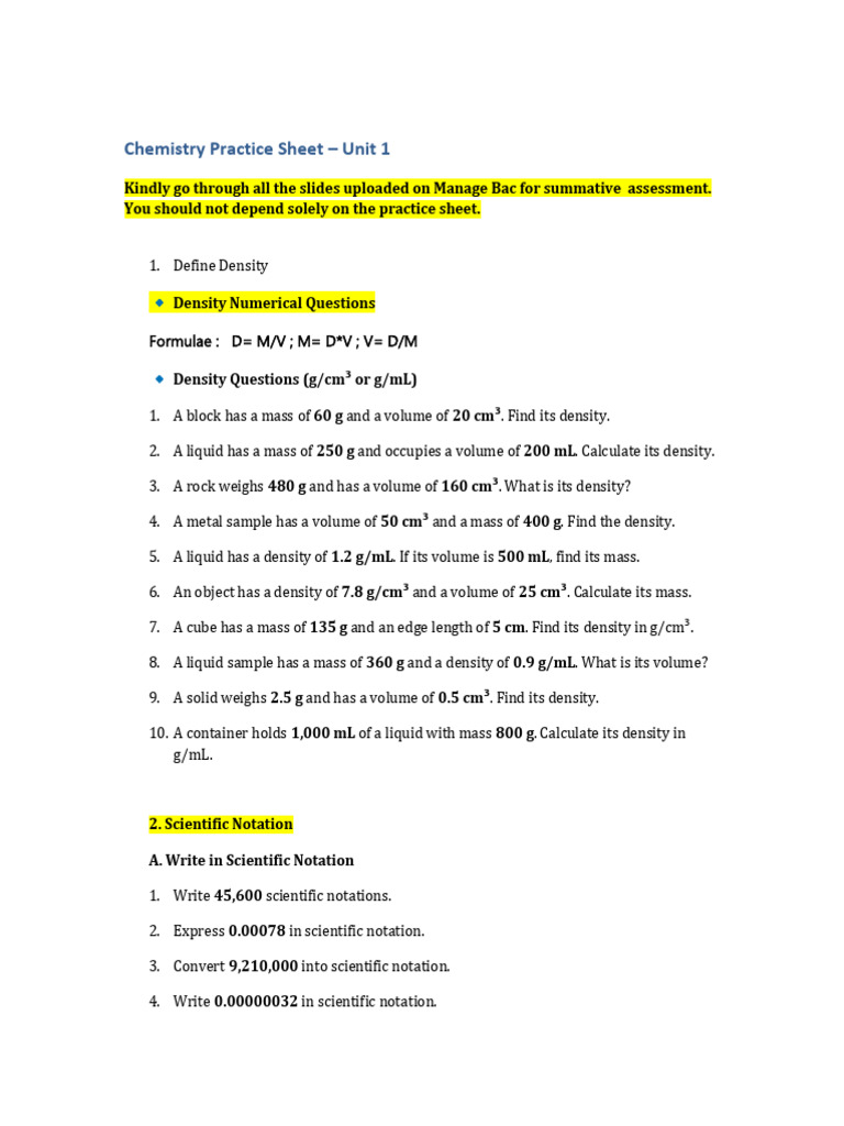 Chemistry Summative Practice Sheet | PDF | Volume | Density