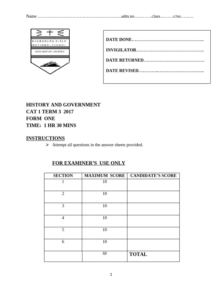 Ex20242901001-History and Government Form 1 Term 3 Exams | PDF