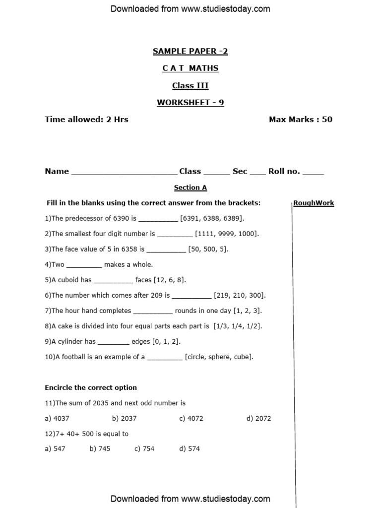 CBSE Class 3 Mathematics Practice Test | PDF