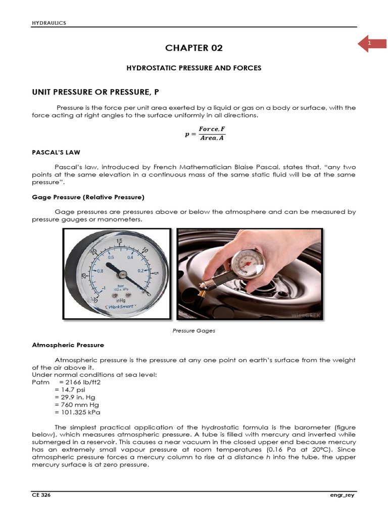 Hydraulics Lecture Handout 2 2025 | PDF | Pressure | Pressure Measurement