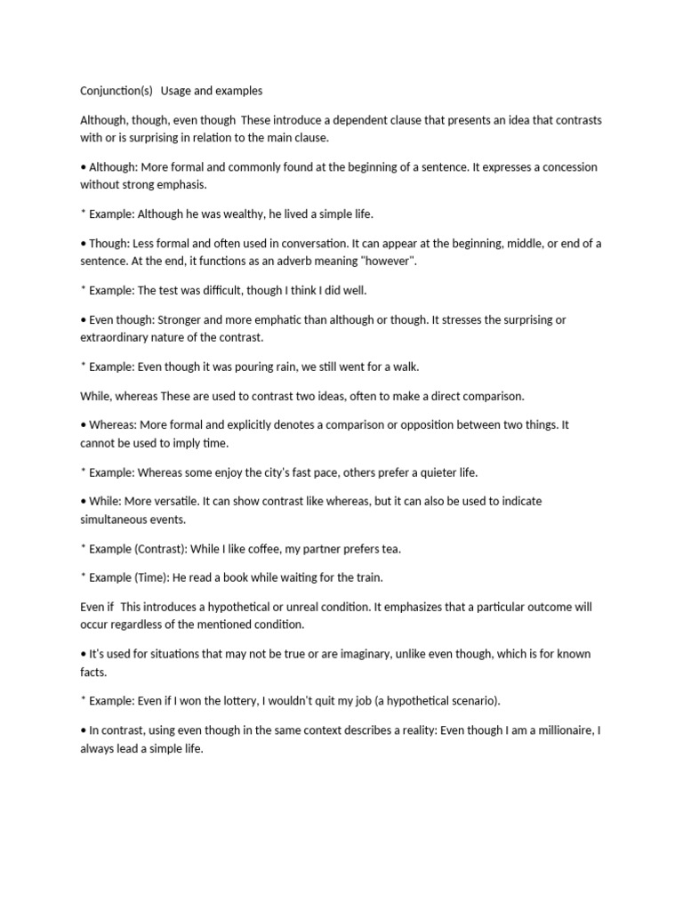Conjunction Usage: Contrast Examples | PDF