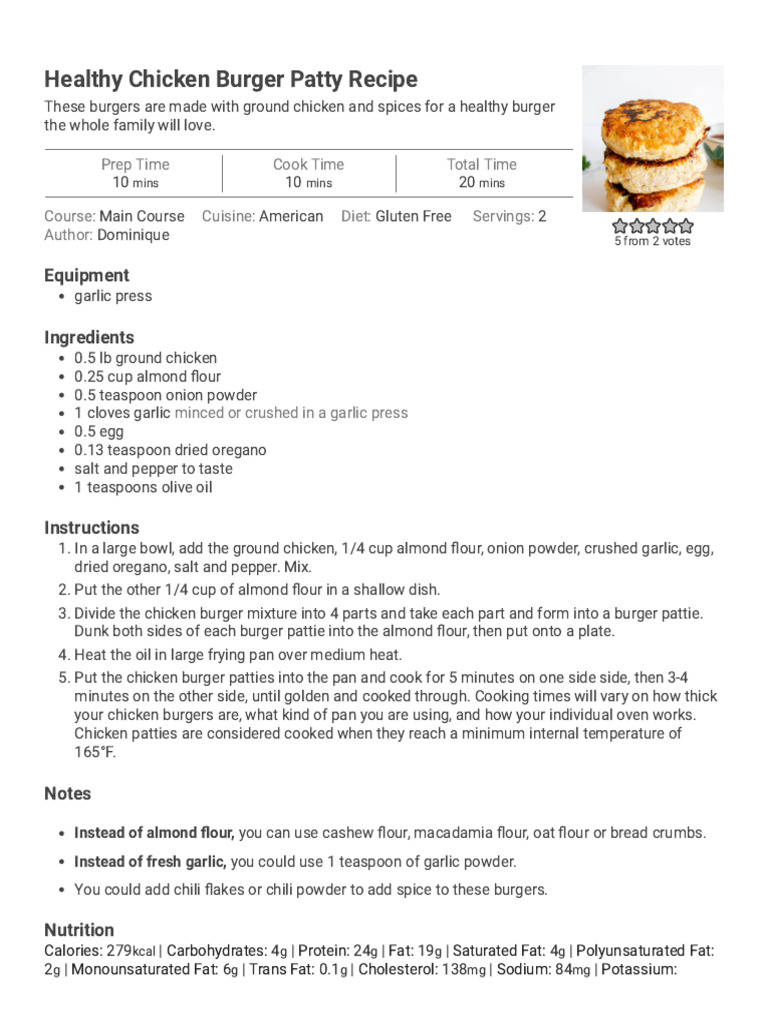 Healthy Chicken Burger Patty Recipe - Perchance To Cook | PDF
