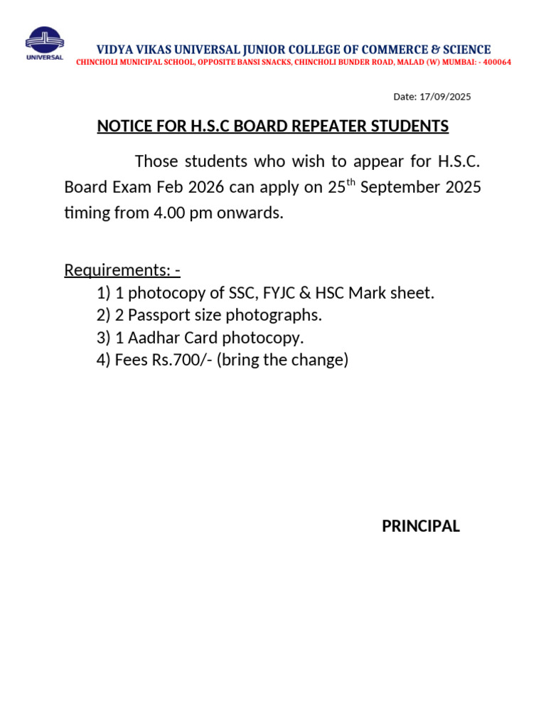 Hsc Repeater Form Filling Feb 2026 | PDF