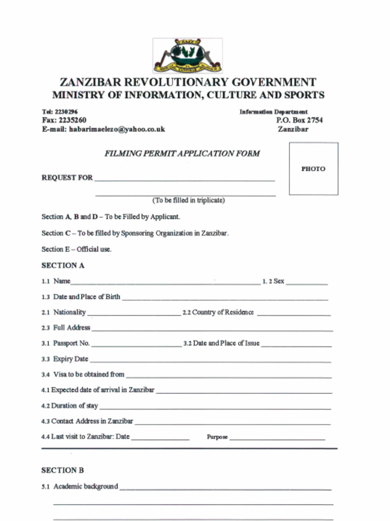 Application For Filming Permit in Zanzibar | PDF