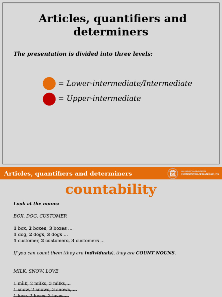Articles Determiners Quantifiers | PDF | Grammatical Number | Plural
