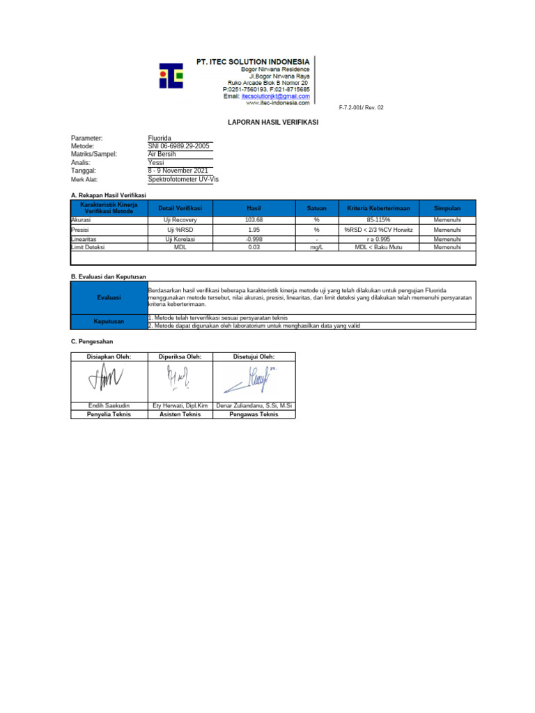 Verifikasi Metode Uji Fluorida SNI 2005 | PDF