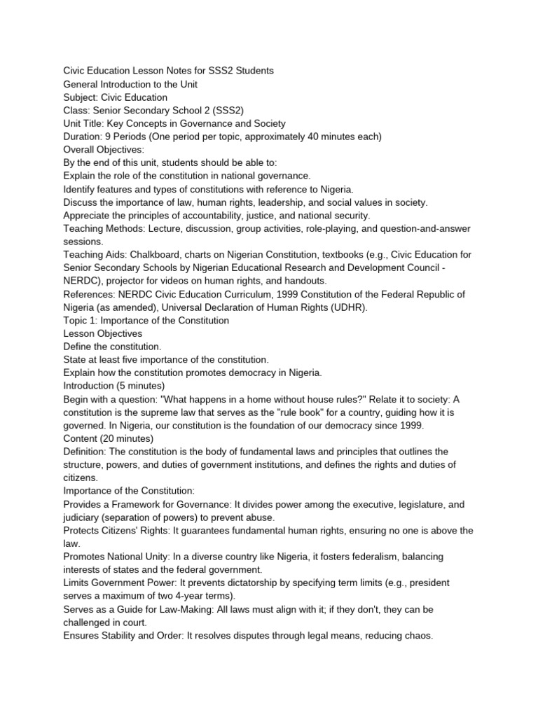 Lesson Note For Ss2 Citizenship | PDF | Social Equality | Constitution