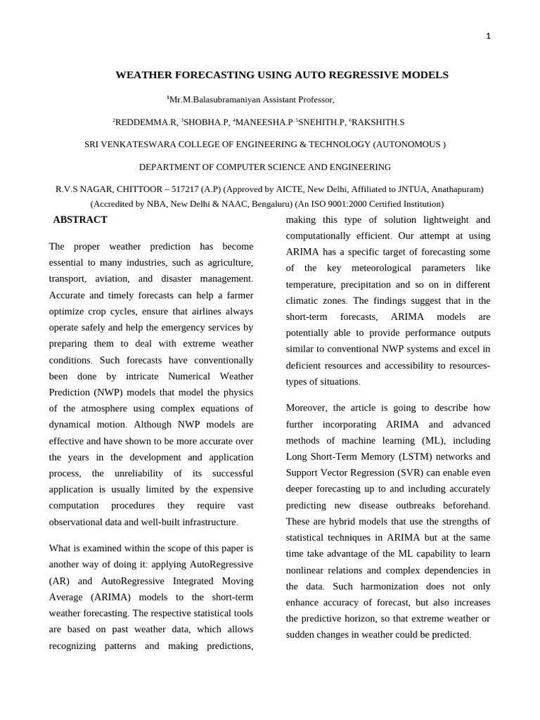 Batch 15 Final Report Weather Forecasting Using Auto Regressive Models | PDF | Autoregressive ...