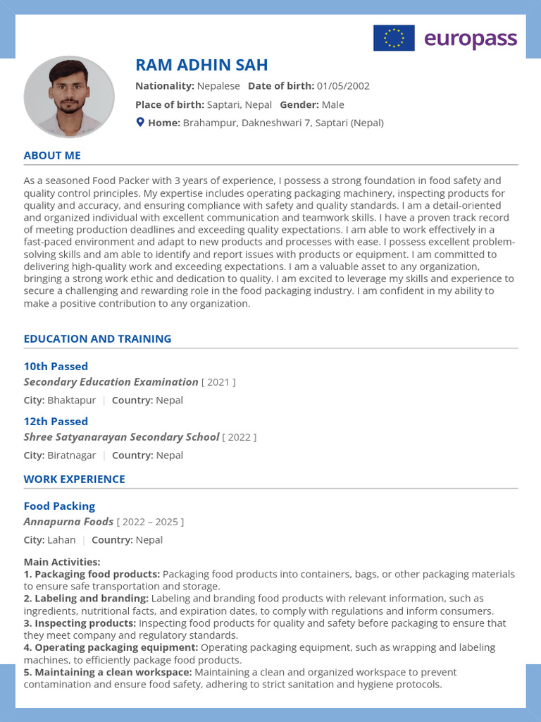 Ram Adhin Sah Europass CV | PDF | Food Safety | Communication