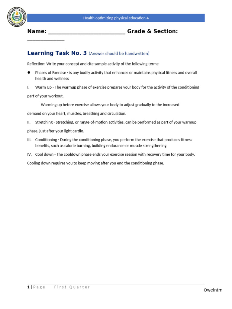 E HOPE 4 Learning Task No. 3 2nd Qtr | PDF | Physical Fitness | Management Of Obesity