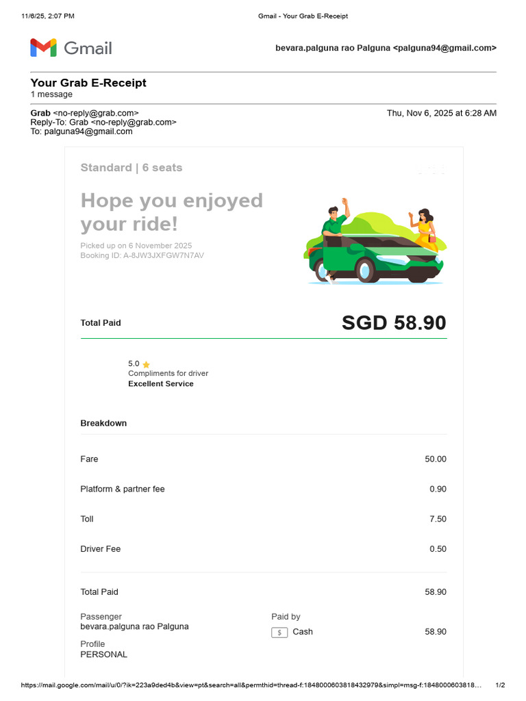 Grab E-Receipt for Ride on Nov 6, 2025 | PDF | Payments | Public Transport