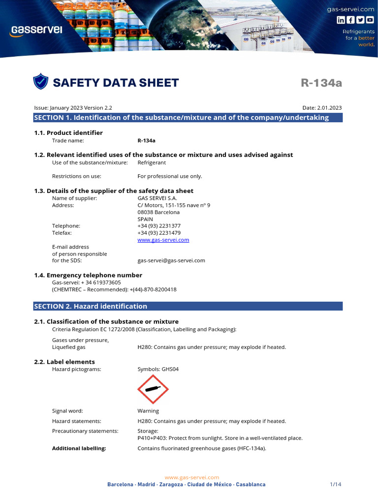 Safety Data Sheet R 134a GS 2023 1 | PDF | Dangerous Goods | Toxicity