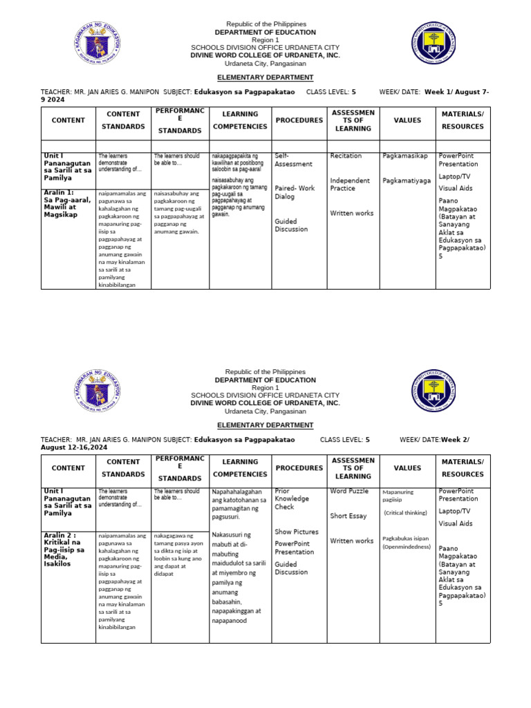 Learning Plan - Esp 5 (Final) | PDF