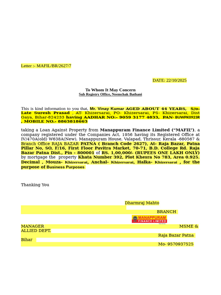 Branch Letter - Vinay Kumar | PDF