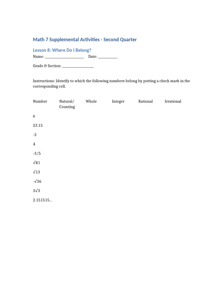 Lesson8 RealNumbers Printable | PDF