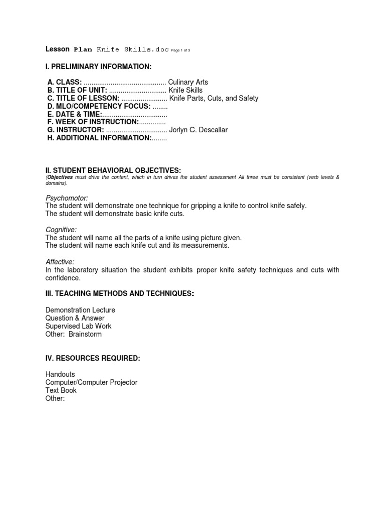 Lesson Plan Knife Skills | PDF | Knife | Cooking
