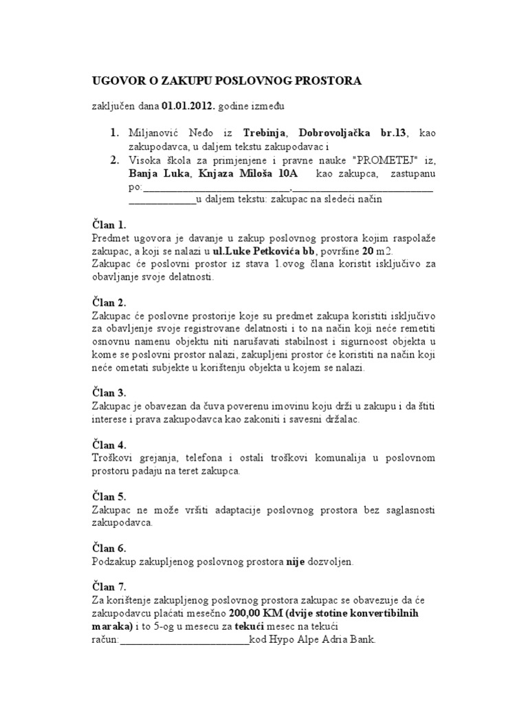 Ugovor o Zakupu Poslovnog Prostora - Word | PDF