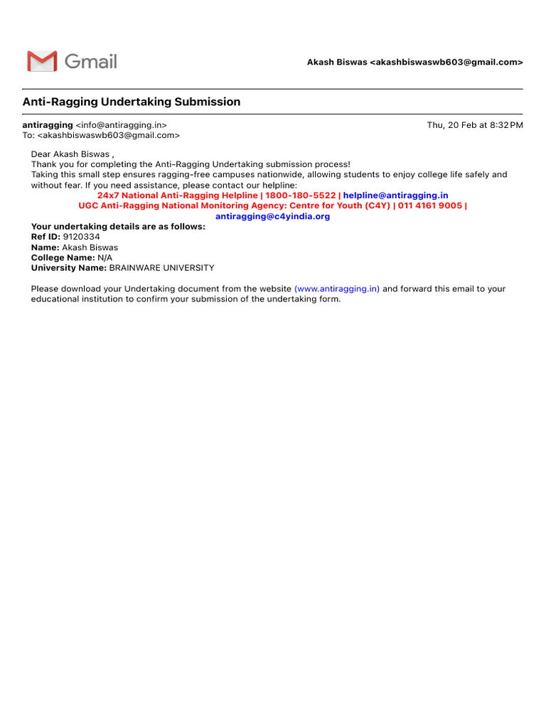 Anti-Ragging Undertaking Confirmation | PDF