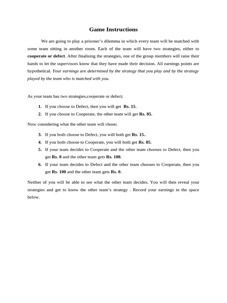 Game Instructions: Cooperate or Defect | PDF