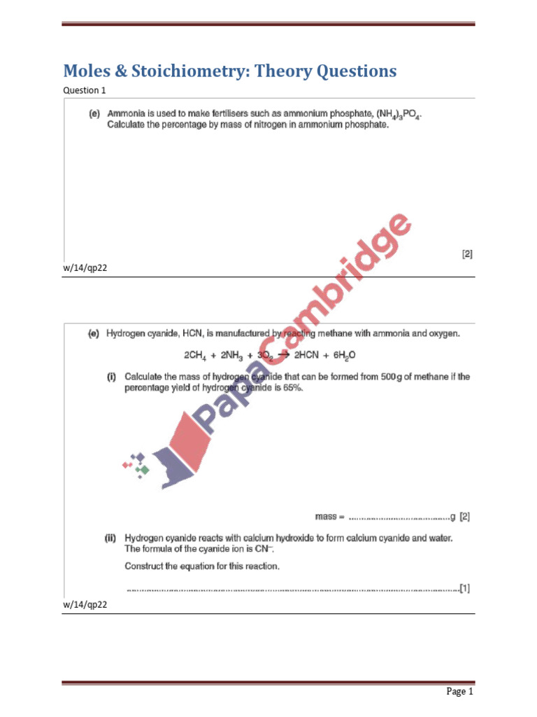 Moles and Stoichiometry Theory Questions | PDF | Stoichiometry ...