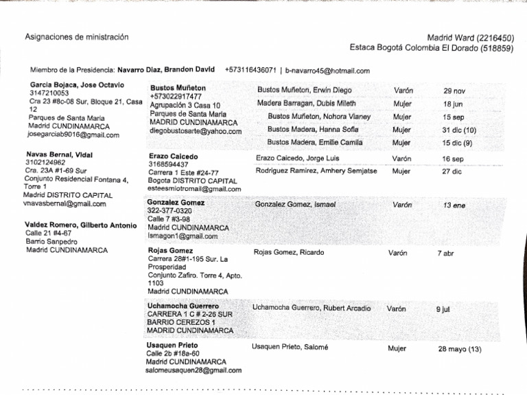 Madrid Ward (2216450) Estaca Bogotá Colombia El Dorado (518859) - 20251026 | PDF