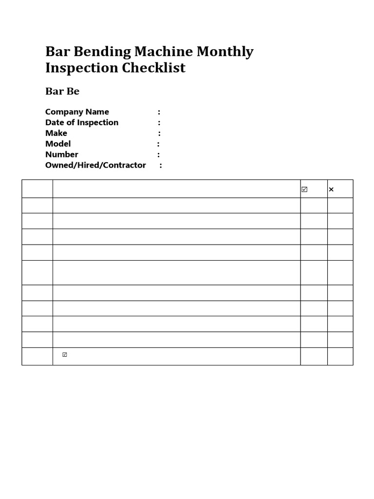 Bar Bending Machine Inspection Checklist | PDF