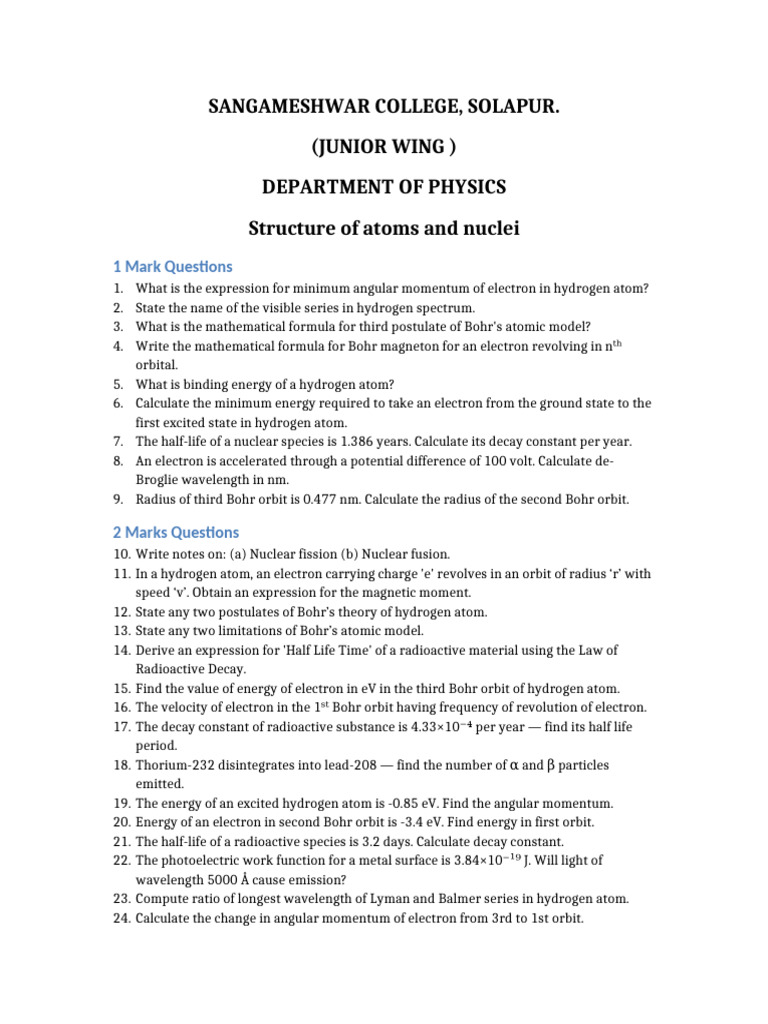 Structure of Atms and Nuclei Assignment Phy | PDF | Electron | Atoms